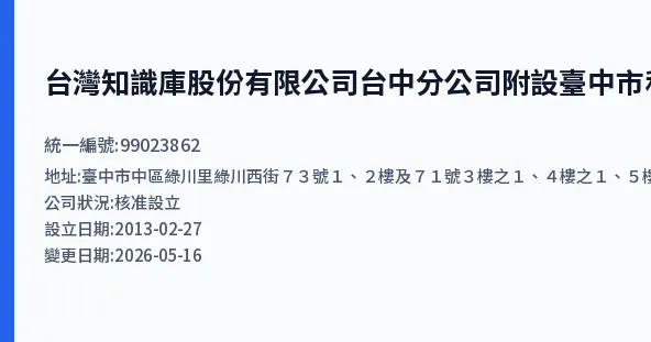 台灣知識庫股份有限公司台中分公司附設臺中市私立大碩百官網數位學堂文理短期補習班的照片-統編 99023862(臺中市) 公司登記資料與營業項目詳細圖表