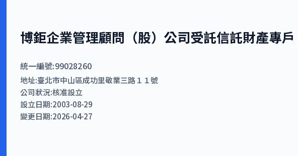 博鉅企業管理顧問(股)公司受託信託財產專戶的照片-統編 99028260(臺北市) 公司登記資料與營業項目詳細圖表