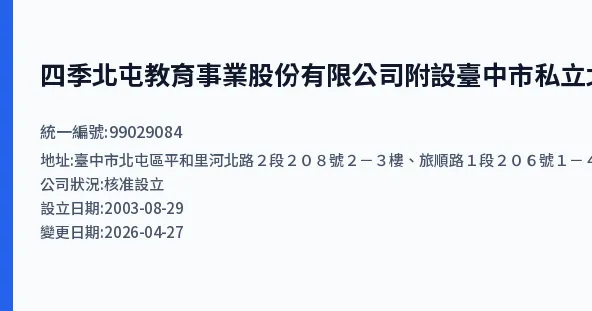 四季北屯教育事業股份有限公司附設臺中市私立北屯四季美語文理技藝短期補習班的照片-統編 99029084(臺中市) 公司登記資料與營業項目詳細圖表