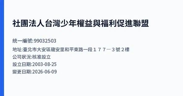 社團法人台灣少年權益與福利促進聯盟的照片-統編 99032503(臺北市) 公司登記資料與營業項目詳細圖表