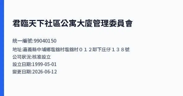 君臨天下社區公寓大廈管理委員會的照片-統編 99040150(嘉義縣) 公司登記資料與營業項目詳細圖表