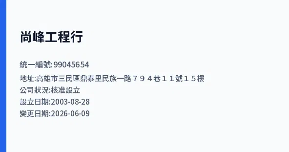 尚峰工程行的照片-統編 99045654(高雄市) 公司登記資料與營業項目詳細圖表