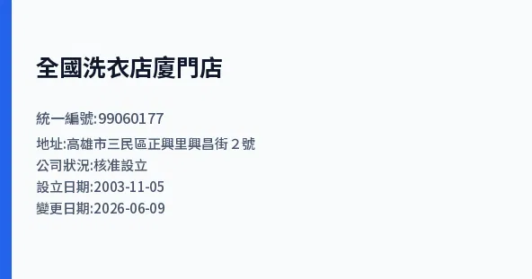 全國洗衣店廈門店的照片-統編 99060177(高雄市) 公司登記資料與營業項目詳細圖表