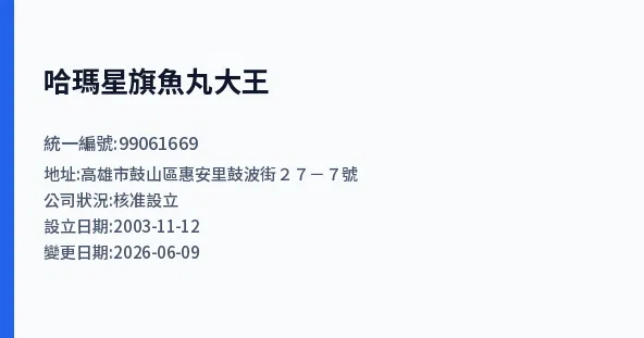 哈瑪星旗魚丸大王的照片-統編 99061669(高雄市) 公司登記資料與營業項目詳細圖表
