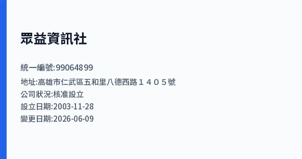 眾益資訊社的照片-統編 99064899(高雄市) 公司登記資料與營業項目詳細圖表