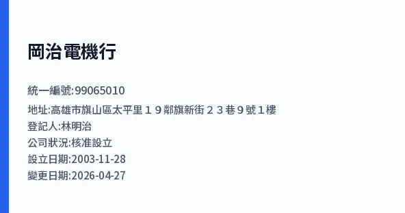 岡治電機行的照片-統編 99065010(高雄市) 公司登記資料與營業項目詳細圖表