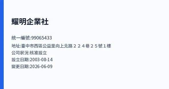 耀明企業社的照片-統編 99065433(臺中市) 公司登記資料與營業項目詳細圖表