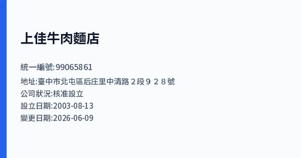上佳牛肉麵店的照片-統編 99065861(臺中市) 公司登記資料與營業項目詳細圖表