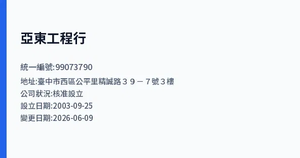 亞東工程行的照片-統編 99073790(臺中市) 公司登記資料與營業項目詳細圖表