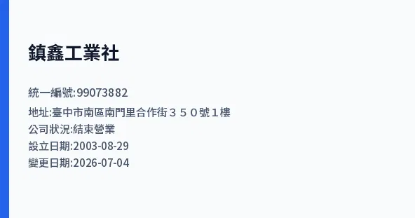 鎮鑫工業社的照片-統編 99073882(臺中市) 公司登記資料與營業項目詳細圖表