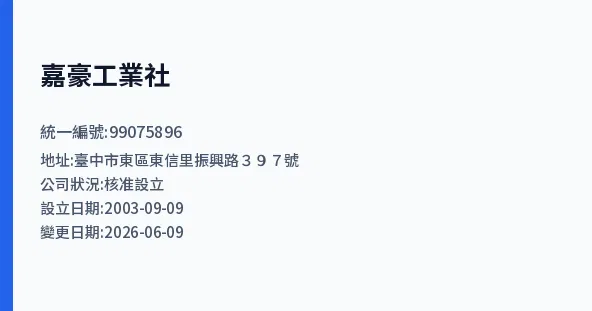 嘉豪工業社的照片-統編 99075896(臺中市) 公司登記資料與營業項目詳細圖表