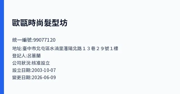 歐甌時尚髮型坊的照片-統編 99077120(臺中市) 公司登記資料與營業項目詳細圖表