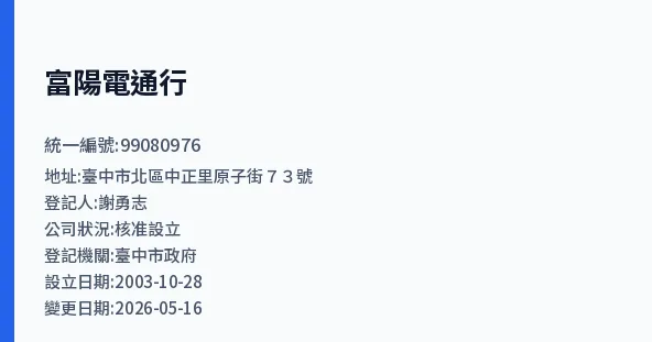 富陽電通行的照片-統編 99080976(臺中市) 公司登記資料與營業項目詳細圖表