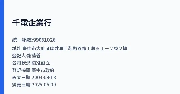 千電企業行的照片-統編 99081026(臺中市) 公司登記資料與營業項目詳細圖表