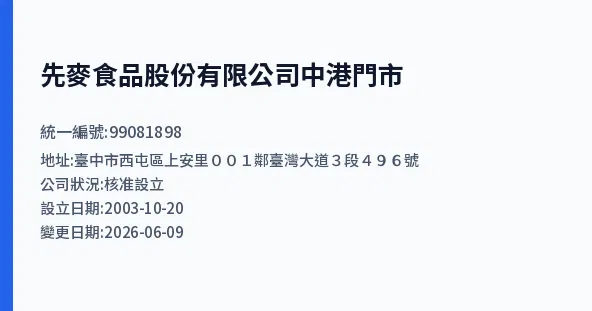 先麥食品股份有限公司中港門市的照片-統編 99081898(臺中市) 公司登記資料與營業項目詳細圖表