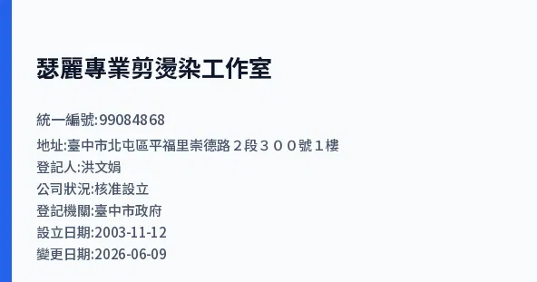 瑟麗專業剪燙染工作室的照片-統編 99084868(臺中市) 公司登記資料與營業項目詳細圖表