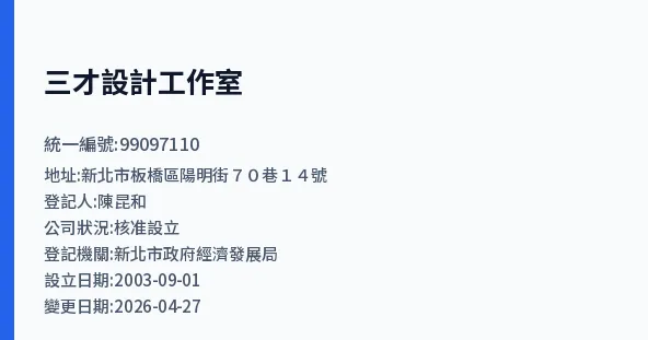三才設計工作室的照片-統編 99097110(新北市) 公司登記資料與營業項目詳細圖表
