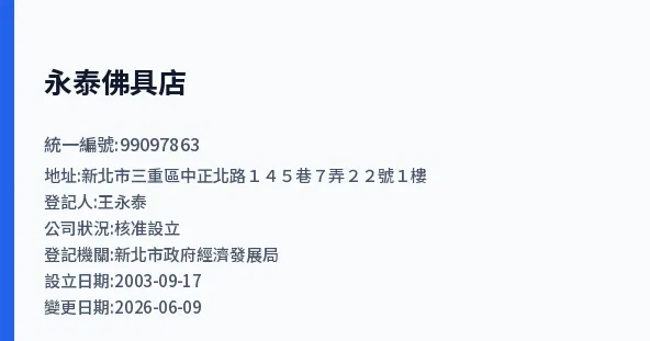 永泰佛具店的照片-統編 99097863(新北市) 公司登記資料與營業項目詳細圖表