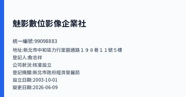魅影數位影像企業社的照片-統編 99098883(新北市) 公司登記資料與營業項目詳細圖表
