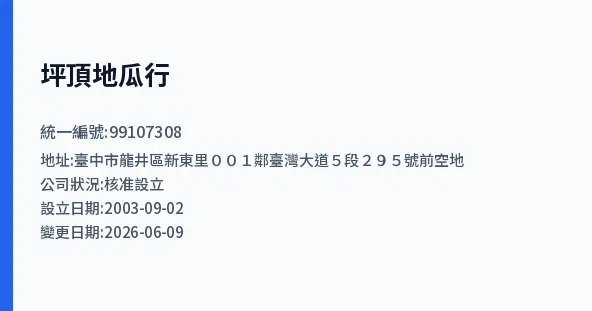 坪頂地瓜行的照片-統編 99107308(臺中市) 公司登記資料與營業項目詳細圖表