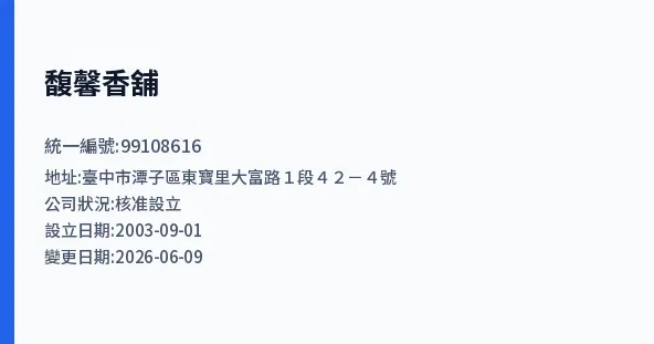 馥馨香舖的照片-統編 99108616(臺中市) 公司登記資料與營業項目詳細圖表