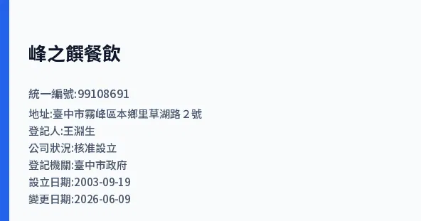 峰之饌餐飲的照片-統編 99108691(臺中市) 公司登記資料與營業項目詳細圖表