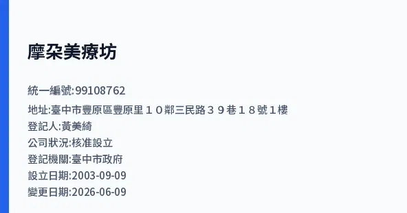 摩朶美療坊的照片-統編 99108762(臺中市) 公司登記資料與營業項目詳細圖表