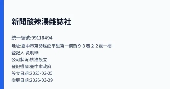 新聞酸辣湯雜誌社的照片-統編 99118494(臺中市) 公司登記資料與營業項目詳細圖表