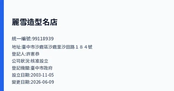 麗雪造型名店的照片-統編 99118939(臺中市) 公司登記資料與營業項目詳細圖表