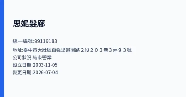 思妮髮廊的照片-統編 99119183(臺中市) 公司登記資料與營業項目詳細圖表