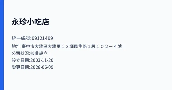 永珍小吃店的照片-統編 99121499(臺中市) 公司登記資料與營業項目詳細圖表