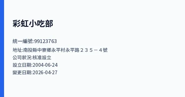 彩虹小吃部的照片-統編 99123763(南投縣) 公司登記資料與營業項目詳細圖表