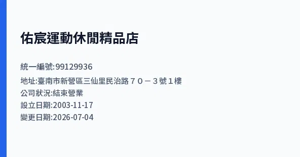 佑宸運動休閒精品店的照片-統編 99129936(臺南市) 公司登記資料與營業項目詳細圖表