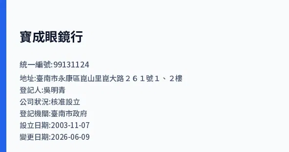 寶成眼鏡行的照片-統編 99131124(臺南市) 公司登記資料與營業項目詳細圖表