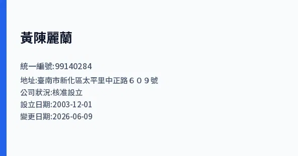 黃陳麗蘭的照片-統編 99140284(臺南市) 公司登記資料與營業項目詳細圖表