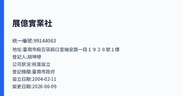 展億實業社的照片-統編 99144063(臺南市) 公司登記資料與營業項目詳細圖表