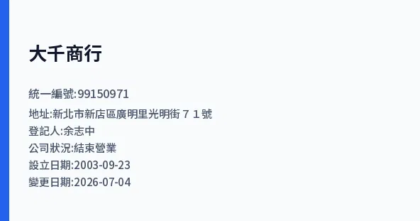 大千商行的照片-統編 99150971(新北市) 公司登記資料與營業項目詳細圖表
