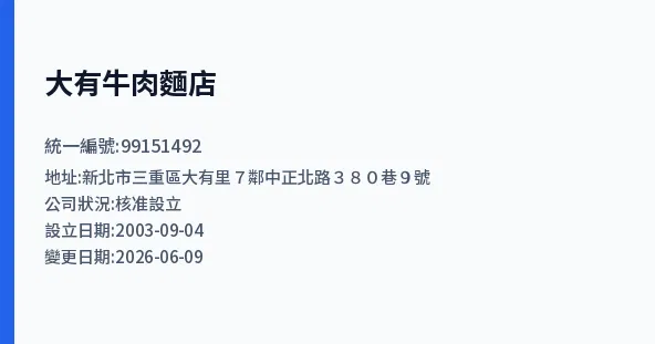 大有牛肉麵店的照片-統編 99151492(新北市) 公司登記資料與營業項目詳細圖表