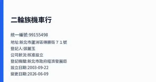 二輪族機車行的照片-統編 99155498(新北市) 公司登記資料與營業項目詳細圖表