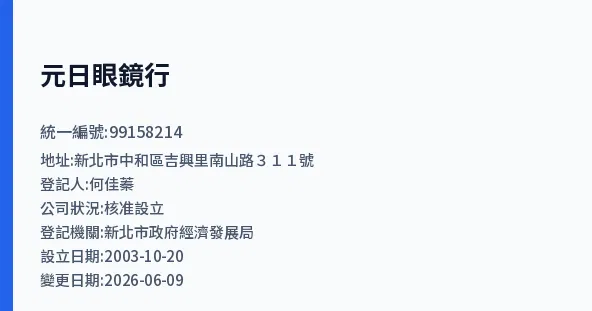 元日眼鏡行的照片-統編 99158214(新北市) 公司登記資料與營業項目詳細圖表