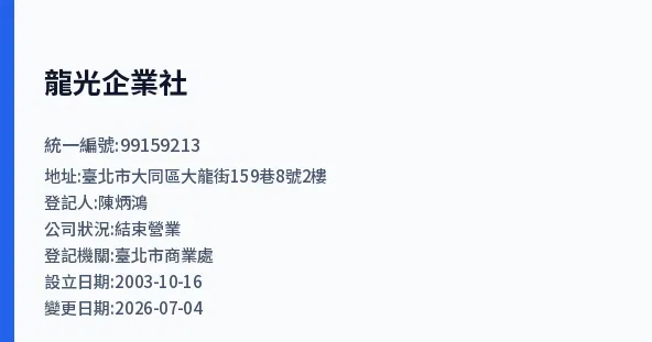 龍光企業社的照片-統編 99159213(臺北市) 公司登記資料與營業項目詳細圖表