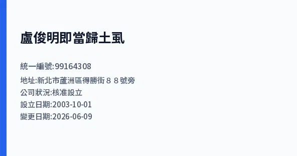 盧俊明即當歸土虱的照片-統編 99164308(新北市) 公司登記資料與營業項目詳細圖表