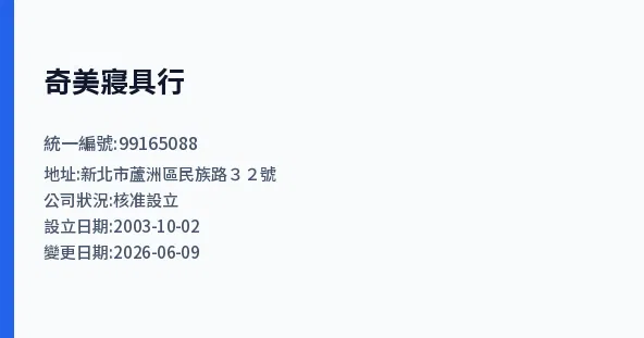 奇美寢具行的照片-統編 99165088(新北市) 公司登記資料與營業項目詳細圖表