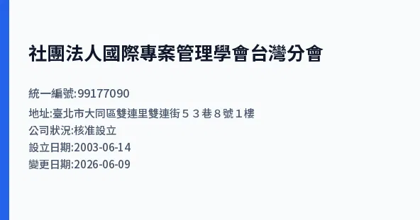 社團法人國際專案管理學會台灣分會的照片-統編 99177090(臺北市) 公司登記資料與營業項目詳細圖表