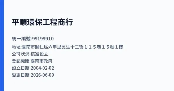 平順環保工程商行的照片-統編 99199910(臺南市) 公司登記資料與營業項目詳細圖表