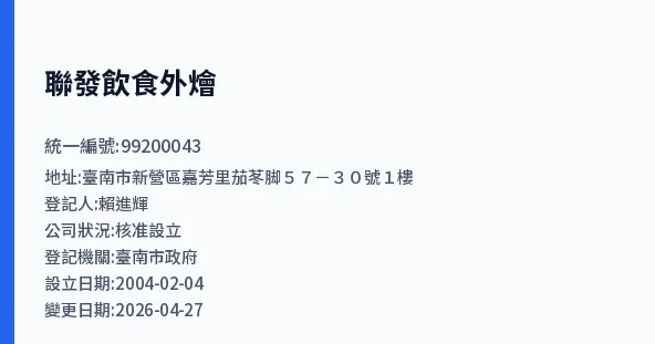 聯發飲食外燴的照片-統編 99200043(臺南市) 公司登記資料與營業項目詳細圖表