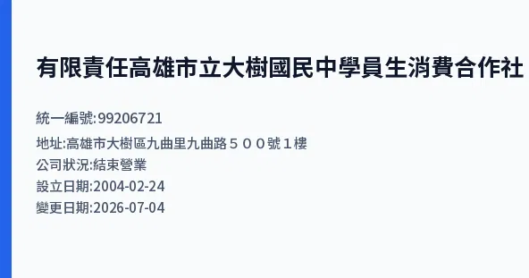 有限責任高雄市立大樹國民中學員生消費合作社的照片-統編 99206721(高雄市) 公司登記資料與營業項目詳細圖表