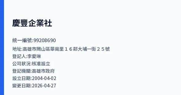 慶豐企業社的照片-統編 99208690(高雄市) 公司登記資料與營業項目詳細圖表