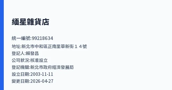 緬星雜貨店的照片-統編 99218634(新北市) 公司登記資料與營業項目詳細圖表