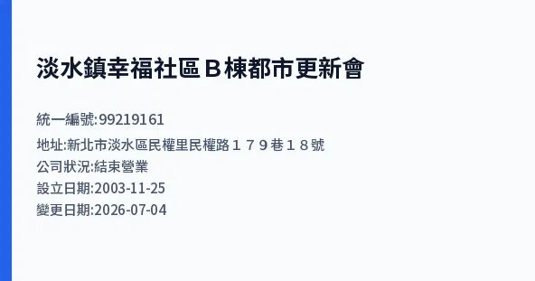 淡水鎮幸福社區B棟都市更新會的照片-統編 99219161(新北市) 公司登記資料與營業項目詳細圖表